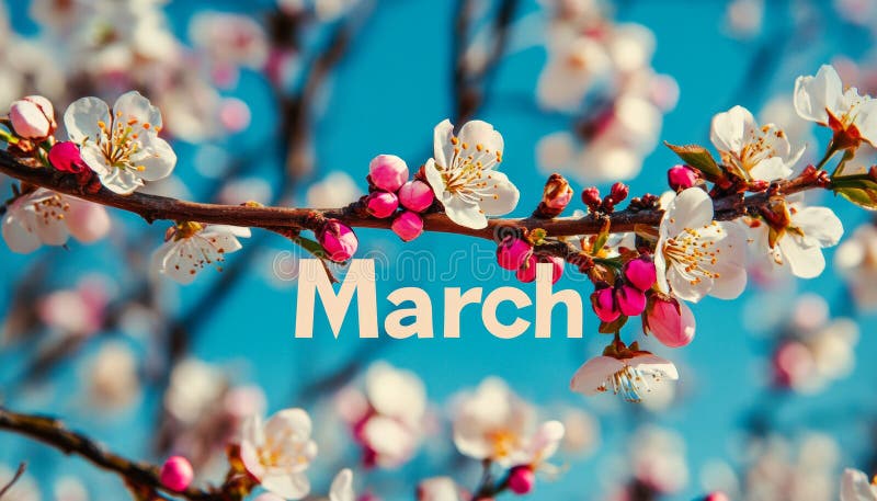 Hello March Blooming Apricot Tree Branches with Pink Flowers on a Blue ...