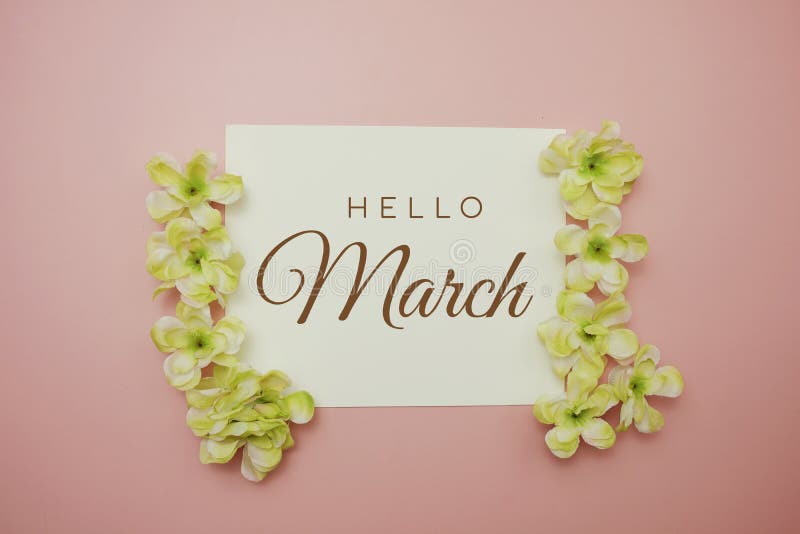 Hello March Card Typography Text with Flower Bouquet on Pink Background ...