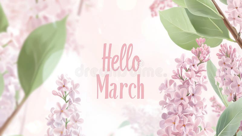 Hello March Floral Design with Pastel Lilacs and Bokeh Background Stock ...