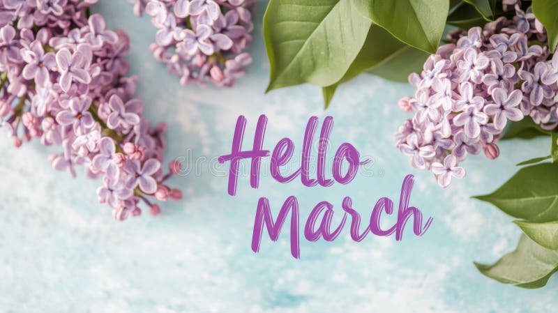 Hello March Floral Design with Pastel Lilacs and Bokeh Background Stock ...