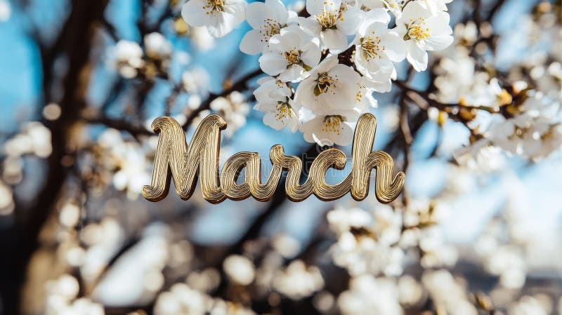 Hello March Golden Script Against a Backdrop of Blooming White Flowers ...