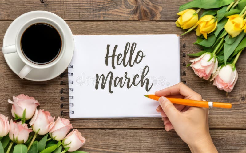 Hello March greeting card stock illustration. Illustration of month ...