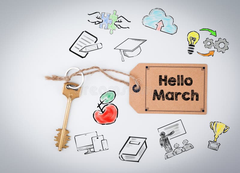 Hello March. Key and a Note on a White Background Stock Illustration ...