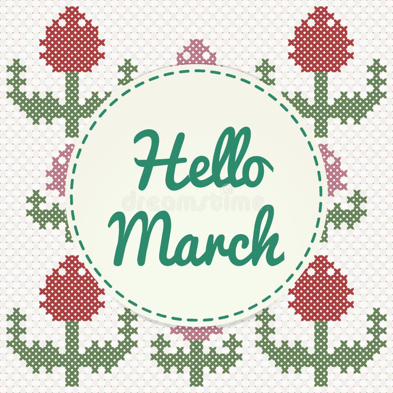 Hello March Lettering with Tulips, Imitation of Cross-stitch Stock ...