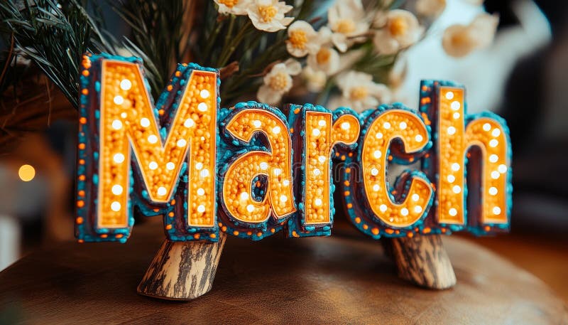 Hello, March. Lighted March Sign with Flowers Symbolizing Spring ...