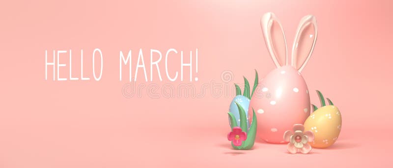 Hello March Message with Easter Eggs and Rabbit Ears Stock Illustration ...