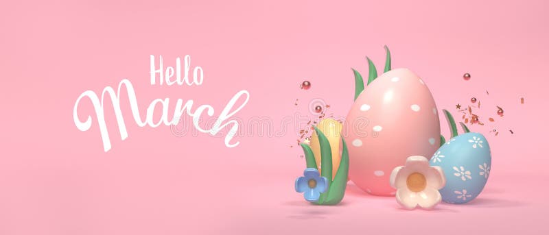 Hello March Message with Easter Eggs and Spring Holiday Pastel Colors ...