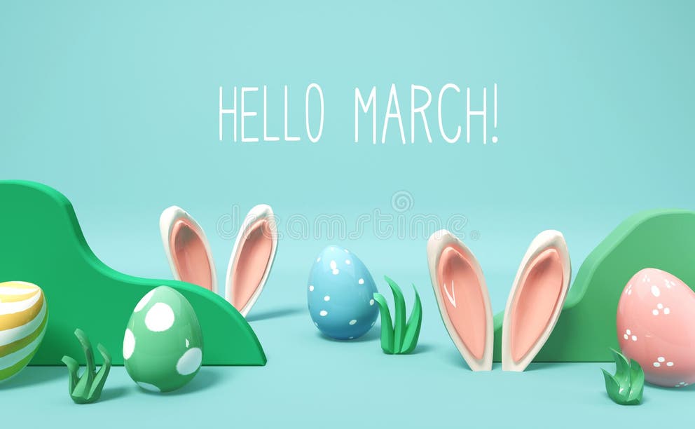 Hello March Message with Rabbit Ears Stock Illustration - Illustration ...