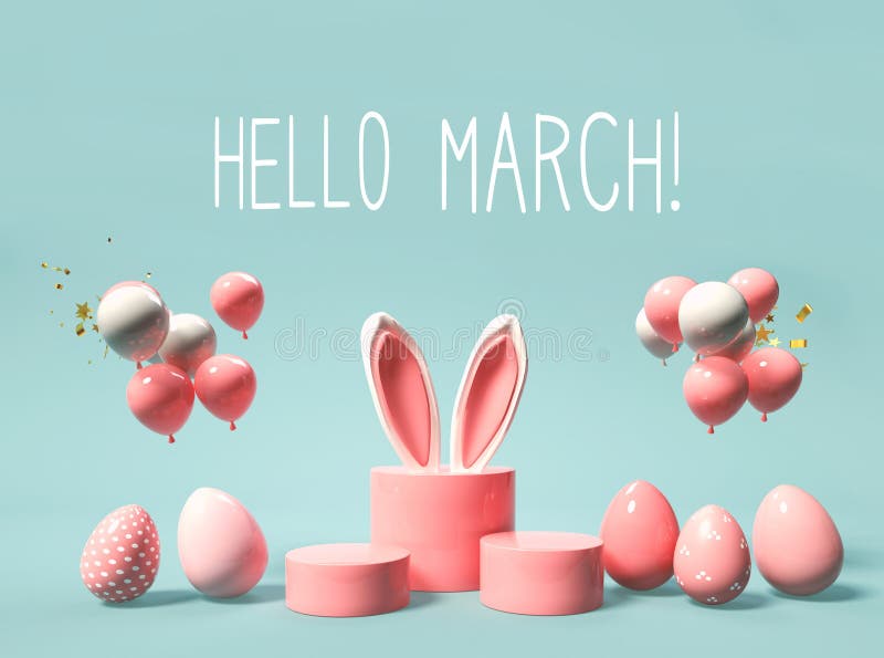 Hello March Message with Rabbit Ears and Eggs Stock Illustration ...
