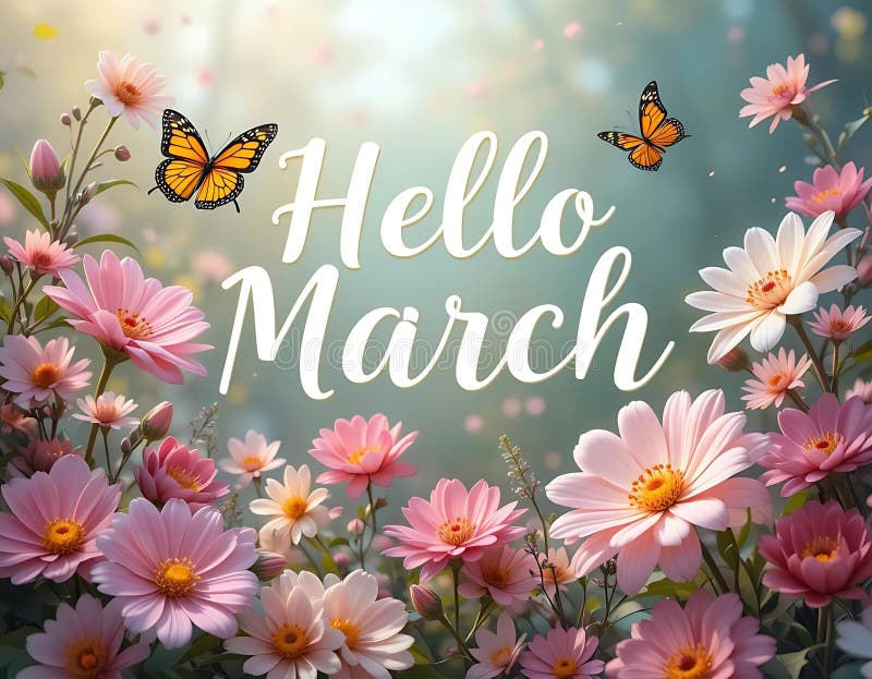 Hello March Pink Flowers Butterflies Spring Greeting Stock Illustration ...