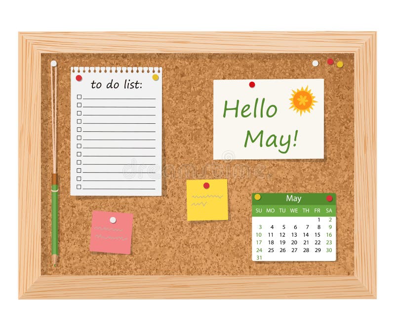 Hello, May.Cork Board with To Do List, Adhesive Notes and Push Pins ...