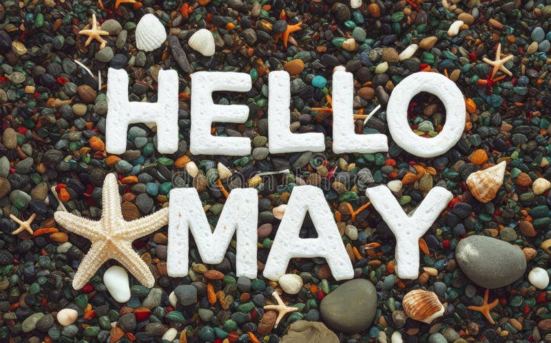Hello May Greeting Card with Beach Theme Stock Illustration ...