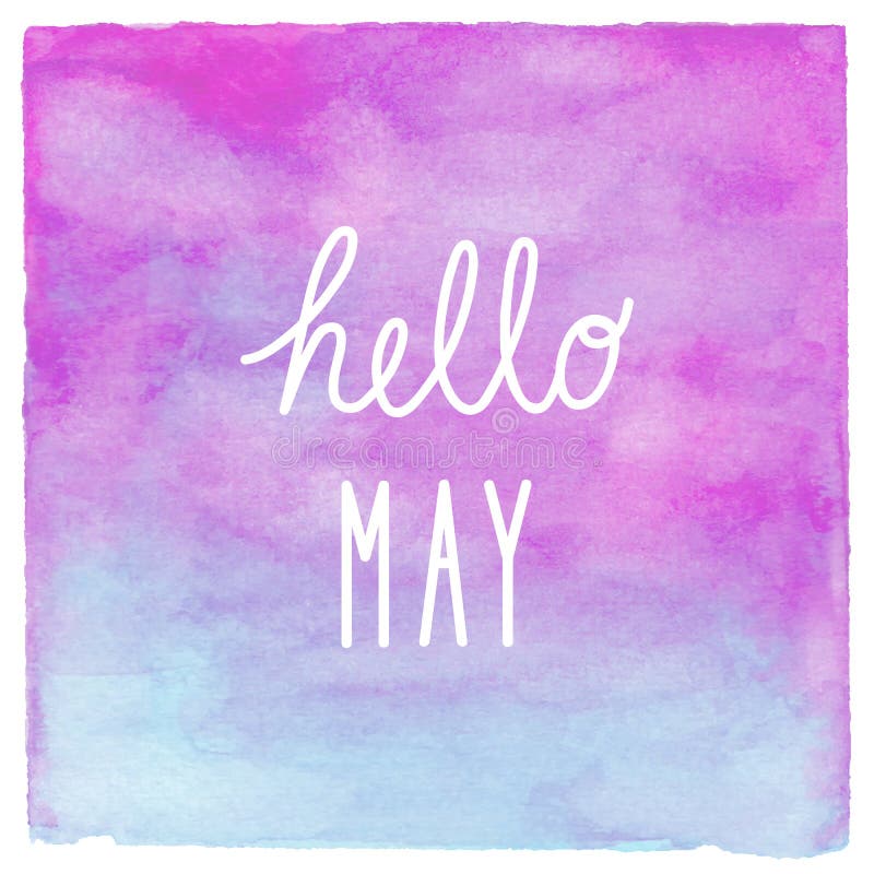 Hello May Text on Blue and Purple Watercolor Background Stock ...