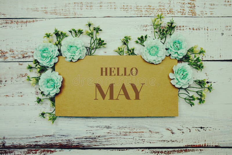Hello May Typography Text Decorate with Flower on Wooden Background ...