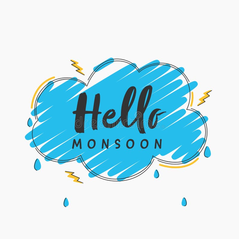 Hello Monsoon Lettering with Lightning Bolts, Water Drops and Blue ...