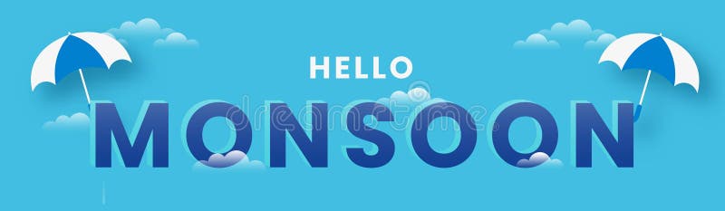Hello Monsoon Text with Two Umbrella on Clouds Blue Stock Illustration ...