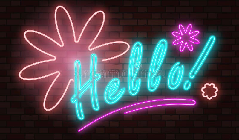 Hello Neon Light, Blue, Pink Leaves on Black Background. Vector Stock ...