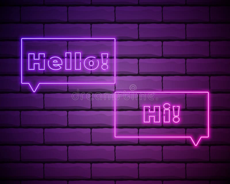 Hello Neon Light, Blue, Pink Leaves on Black Background. Vector Stock ...