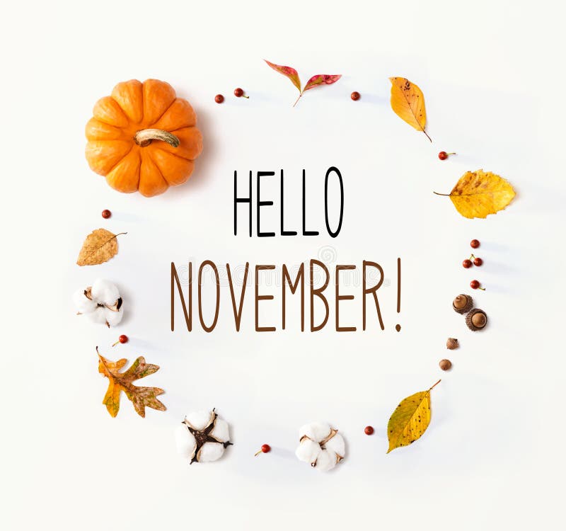 Hello November Message with Autumn Leaves and Orange Pumpkin Stock ...