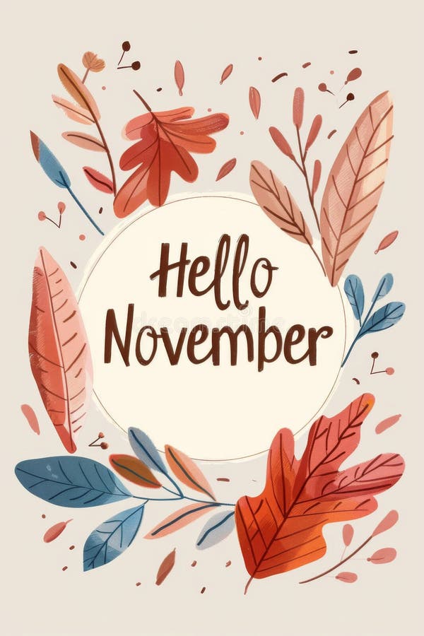 Hello November Text with Autumn Leaves and Scattered Elements ...
