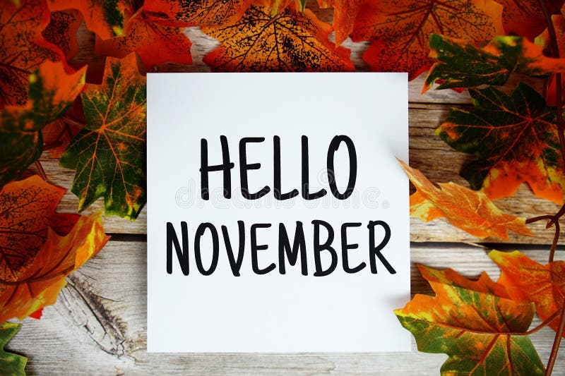 Hello November Text with Maple Leaf Decotion Top View on Wooden ...