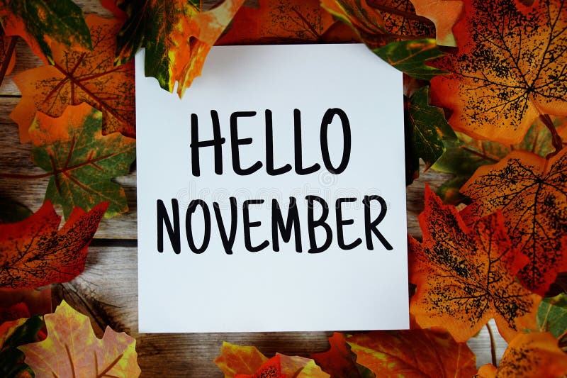 Hello November Text with Maple Leaf Decorations Top View on Wooden ...