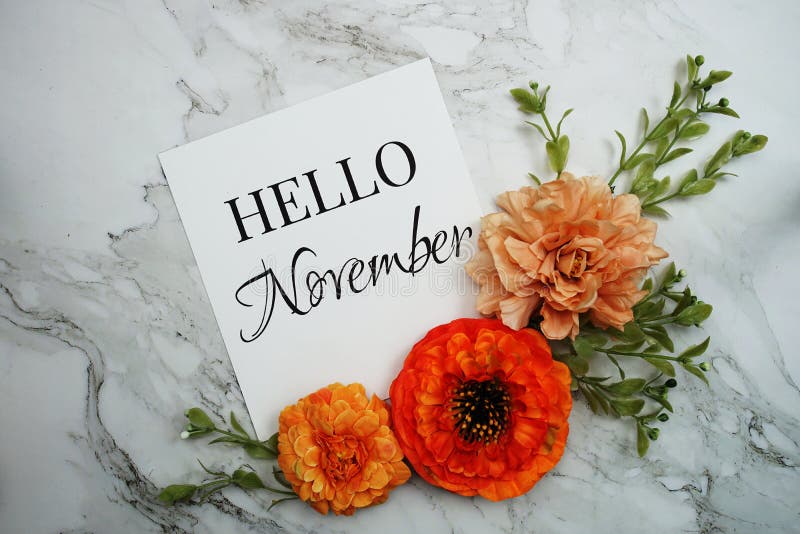 Hello November Text with Orange Flower Bouquet on Marble Background ...