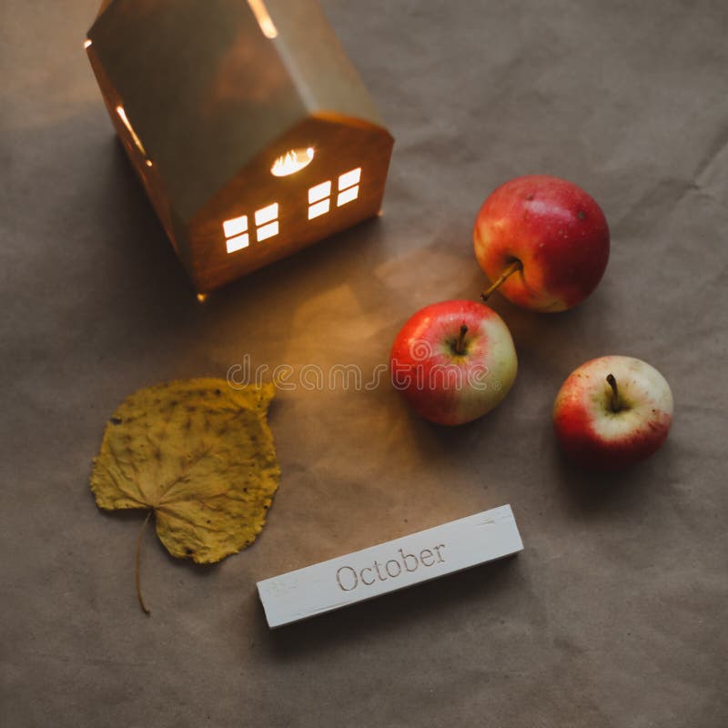 Hello October. Autumn Cozy Still Life and Decor Top View Stock Image ...