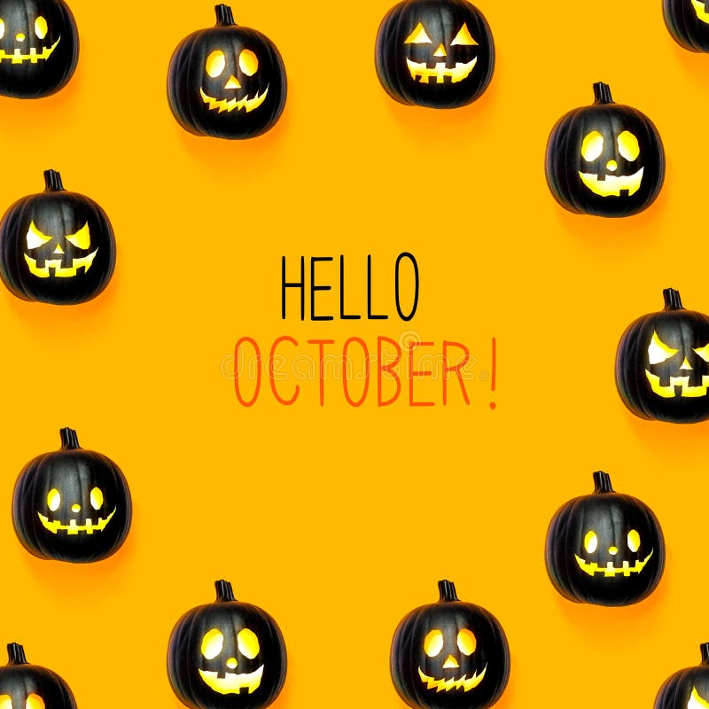 Hello October with Black Pumpkins Stock Photo - Image of halloween ...