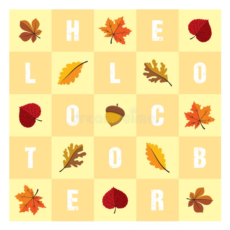 Hello October Fall Leaves Abstract Retro Typography Background Stock ...
