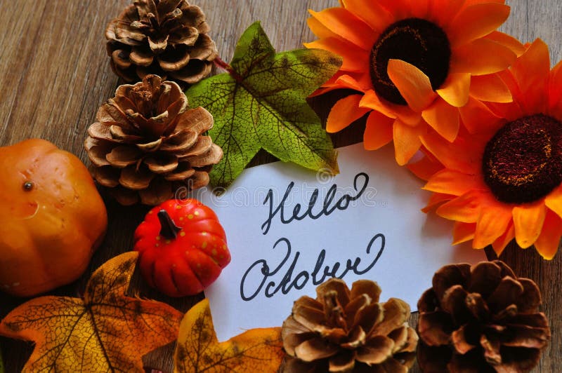 Card with Hello October Write between Autumn Decorations Stock Photo ...