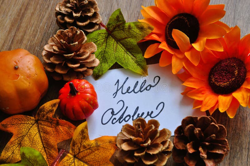 Hello October Card between Autumn Decorations Stock Illustration ...