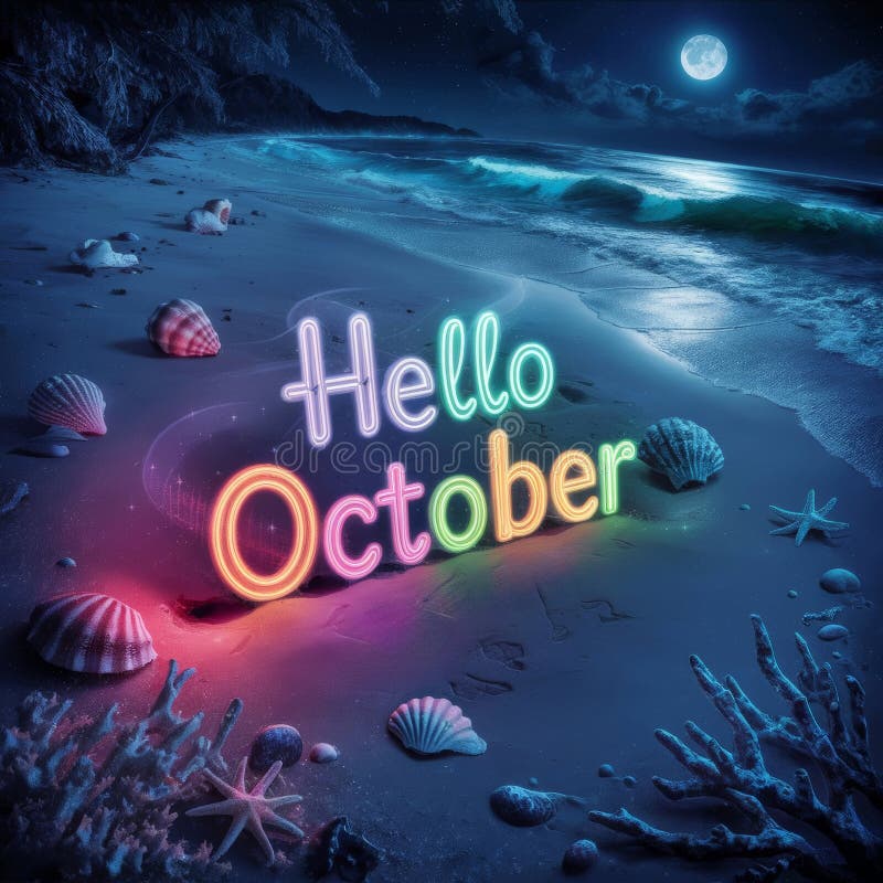 Hello October Greeting Card with Beach Theme Stock Illustration ...