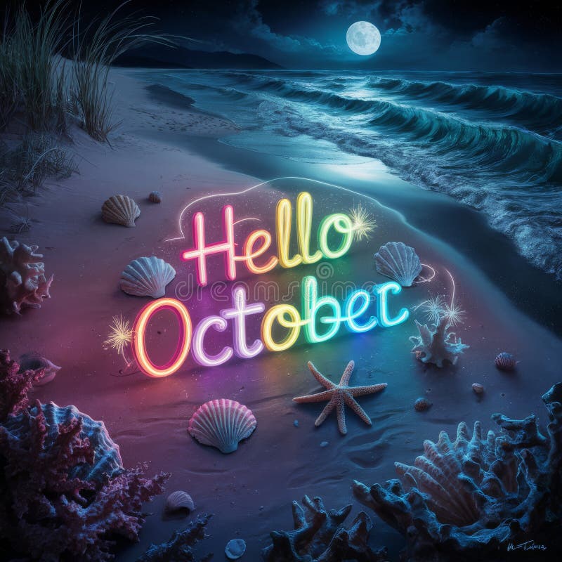 Hello October Greeting Card with Beach Theme Stock Illustration ...