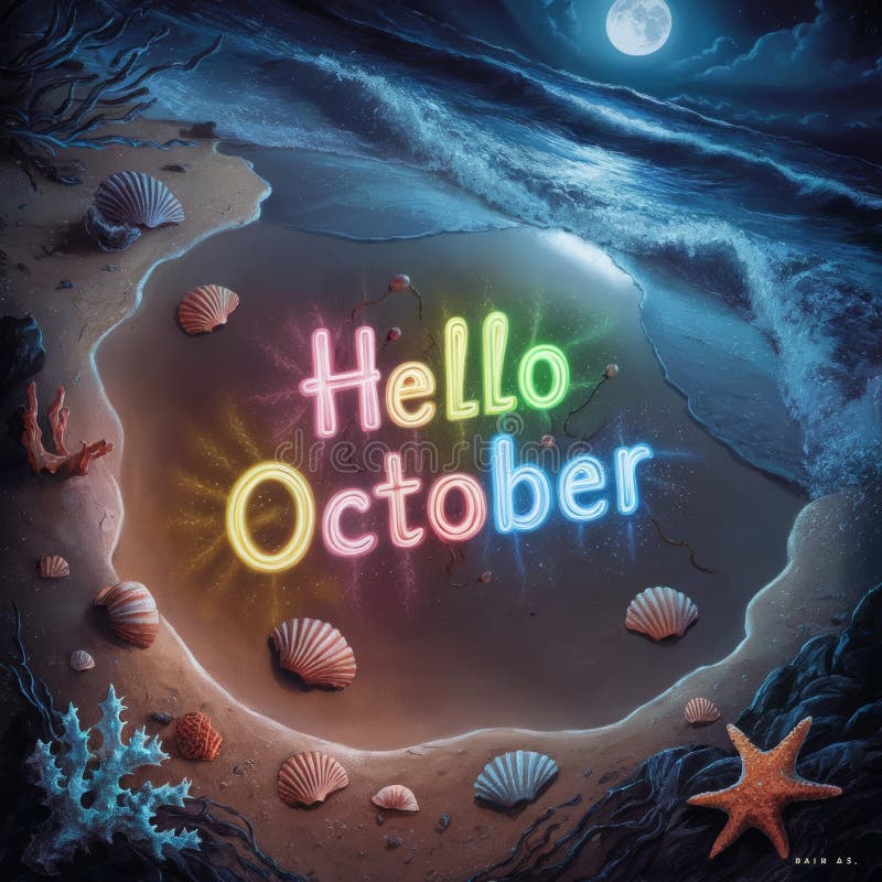 Hello October Greeting Card with Beach Theme Stock Illustration ...