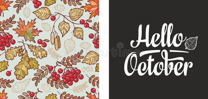 Hello October Lettering Phrase Text. Autumn Leaves Stock Vector ...