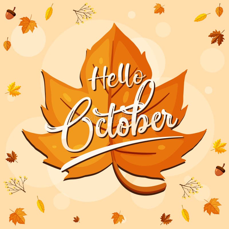 Hello October Logo with Ornamental Autumn Leaf Stock Vector ...
