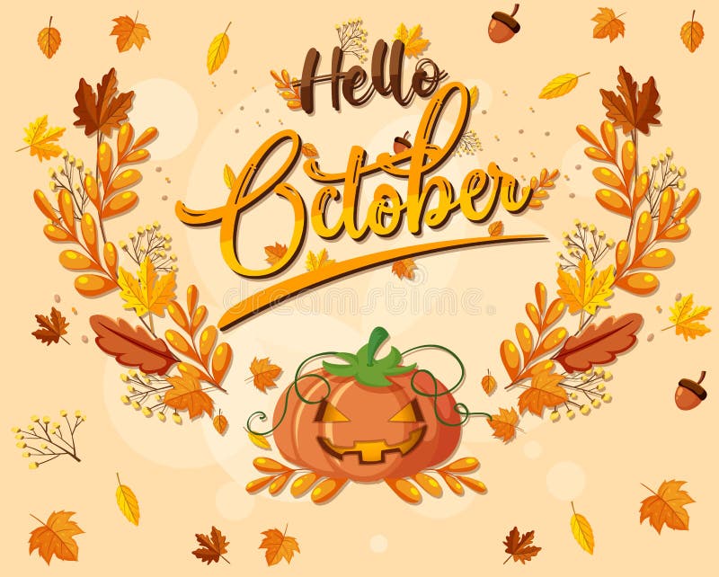 Hello October Logo with Ornamental Autumn Leaf Stock Vector ...