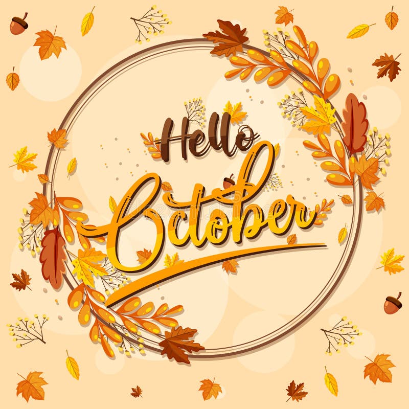 Hello October Logo with Ornamental Autumn Leaf Stock Vector ...