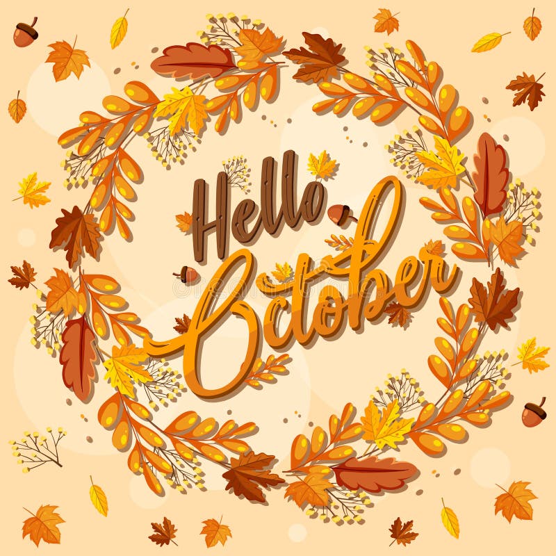 Hello October Logo with Ornamental Autumn Leaf Stock Vector ...