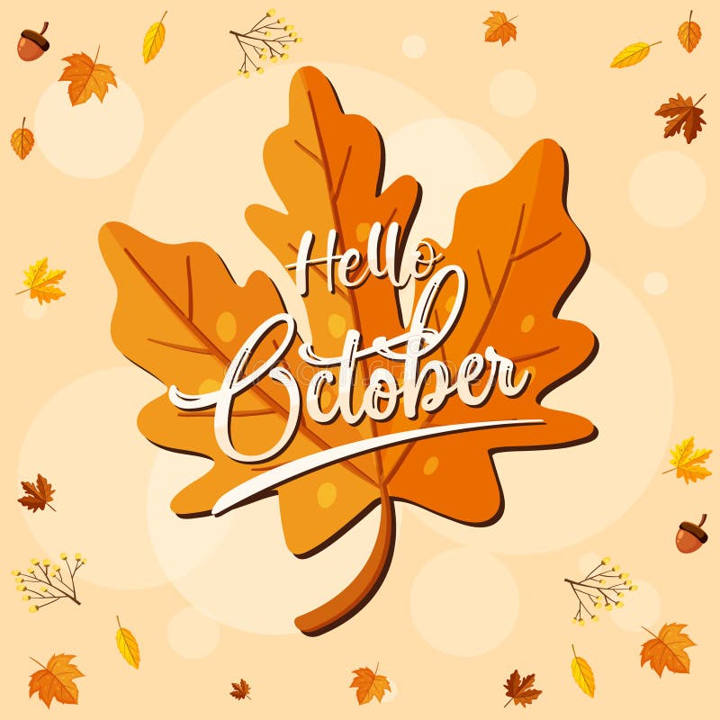 Hello October Logo with Ornamental Autumn Leaf Stock Vector ...