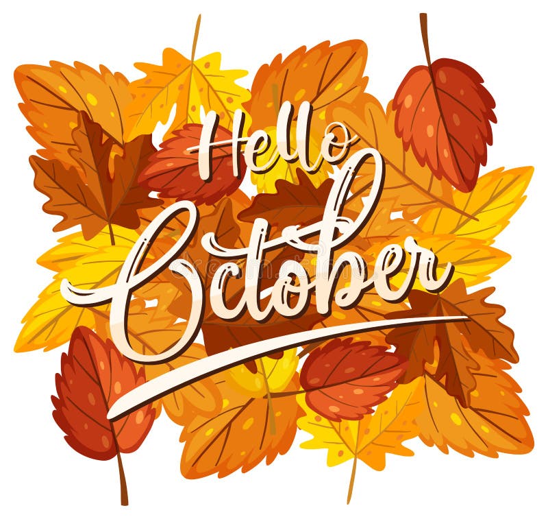 Hello October Logo with Ornamental Autumn Leaf Stock Vector ...