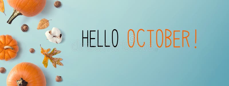 Hello October Message with Autumn Pumpkins Stock Photo - Image of ...