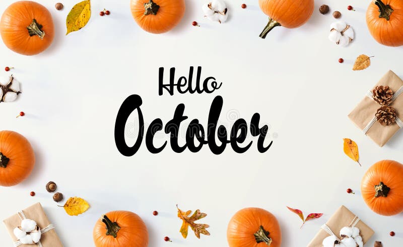 Hello October with Halloween Pumpkins with Spider Stock Image - Image ...