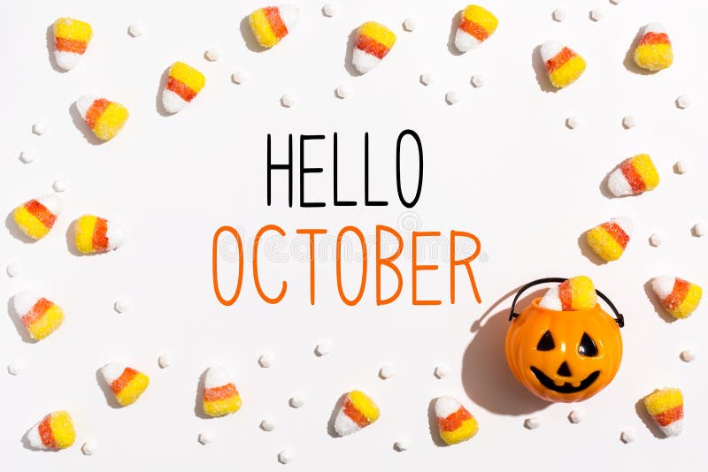 Hello October Message with Pumpkin Overhead View Stock Illustration ...