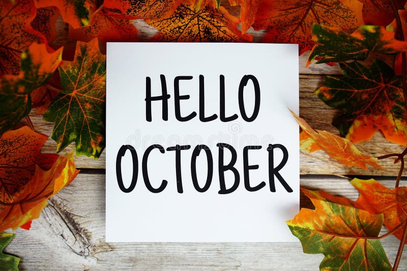 Hello October Text with Maple Leaf Decoration Top View on Wooden ...