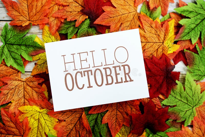 Hello October Text Message with Maple Leaves on Wooden Background Stock ...