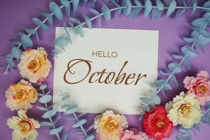 Hello October Typography Text and Flower Decorate on Purple Background ...