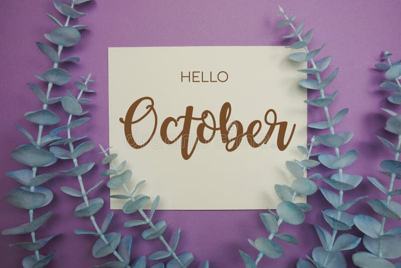 Hello October Typography Text on Paper Card Decorate with Eucalyptus on ...