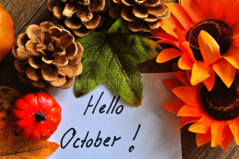 Hello October Write between Pumpkins, Sunflowers and Leaves Stock Image ...